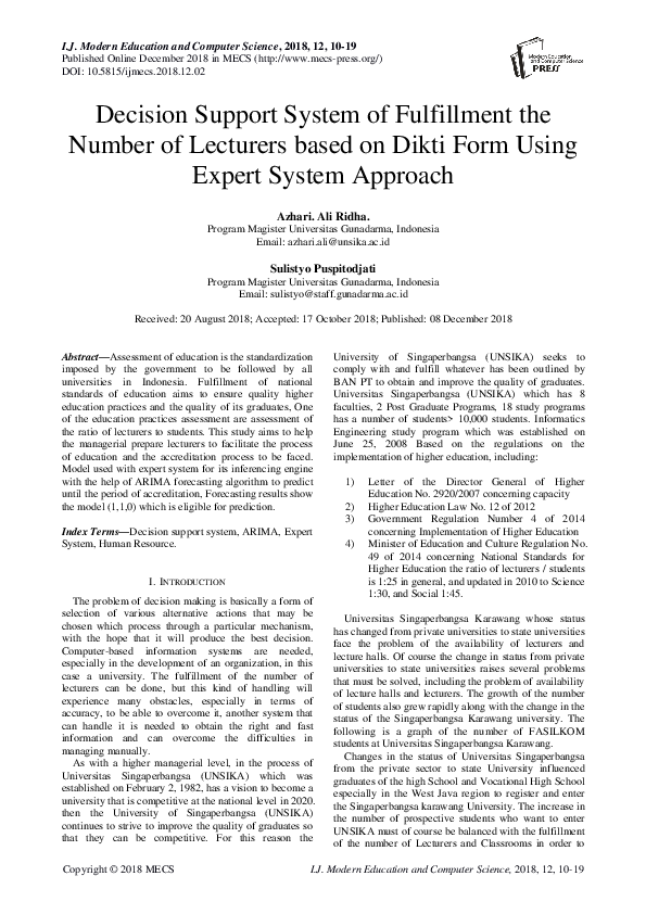 (PDF) Decision Support System of Fulfillment the Number of Lecturers based on Dikti Form Using ...