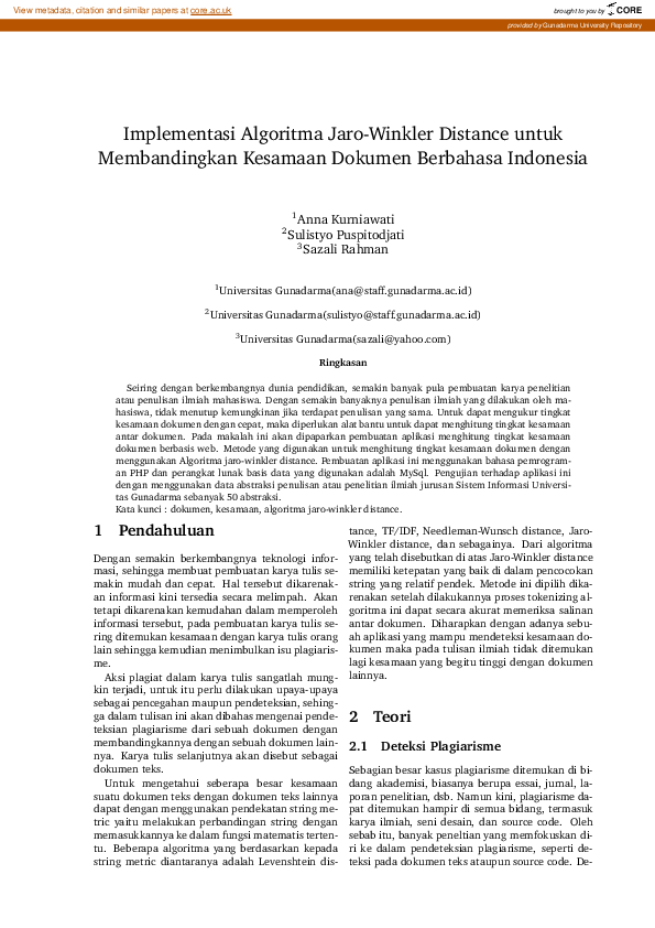 (PDF) Implementasi Algoritma Jaro-Winkler Distance untuk Membandingkan ...