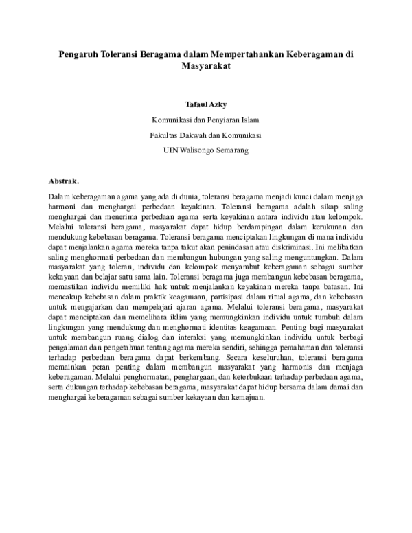 (DOC) Pengaruh Toleransi Beragama dalam Mempertahankan Keberagaman di Masyarakat
