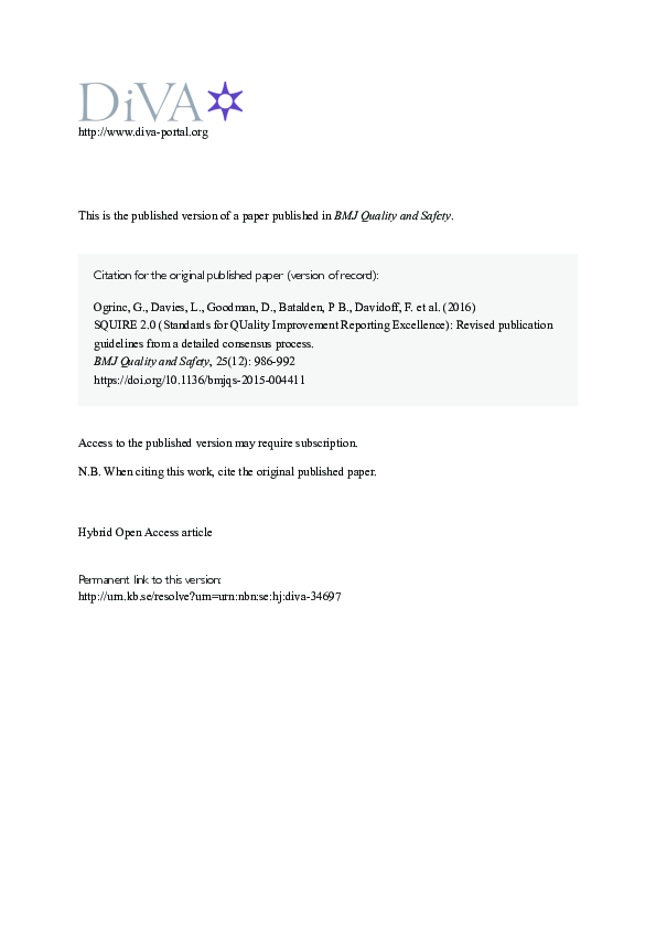 (PDF) SQUIRE 2.0 (Standards for QUality Improvement Reporting ...