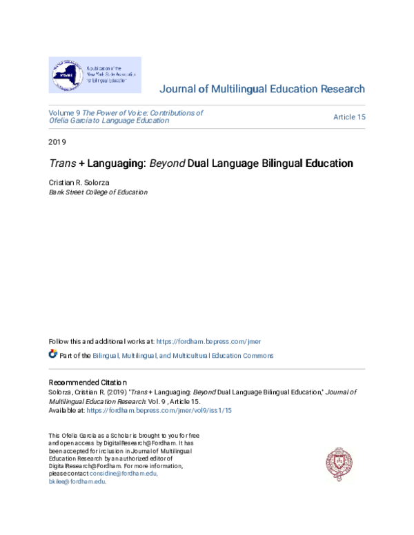 (PDF) Trans" + Languaging: "Beyond" Dual Language Bilingual Education