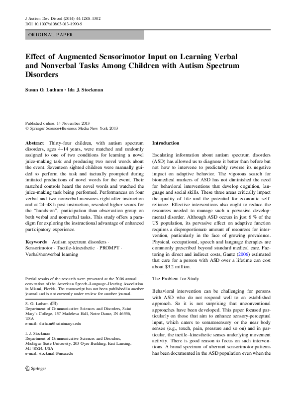 (PDF) Effect of Augmented Sensorimotor Input on Learning Verbal and Nonverbal Tasks Among ...