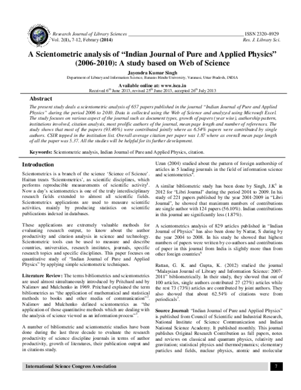 (PDF) A Scientometric analysis of "Indian Journal of Pure and Applied ...