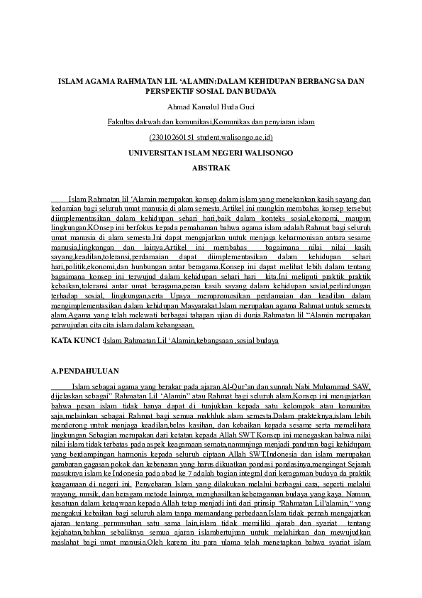 (DOC) ISLAM AGAMA RAHMATAN LIL 'ALAMIN:DALAM KEHIDUPAN BERBANGSA DAN PERSPEKTIF SOSIAL DAN BUDAYA