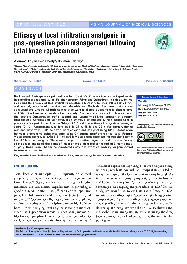 (PDF) Efficacy of local infiltration analgesia in post-operative pain ...