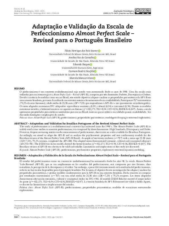 (PDF) Adaptação e Validação da Escala de Perfeccionismo Almost Perfect ...