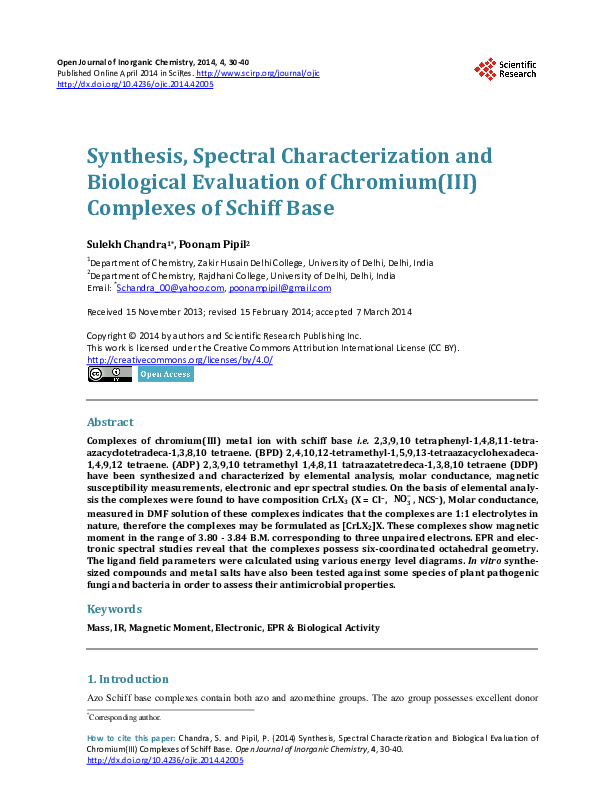 (PDF) Synthesis, Spectral Characterization and Biological Evaluation of Chromium(III) Complexes ...