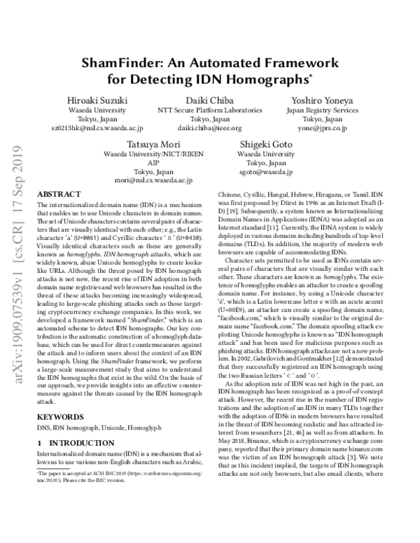Pdf Shamfinder An Automated Framework For Detecting Idn Homographs