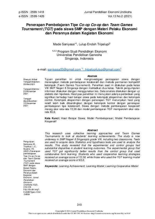 (PDF) Penerapan Pembelajaran Tipe Co-op Co-op dan Team Games Tournament (TGT) pada siswa SMP ...