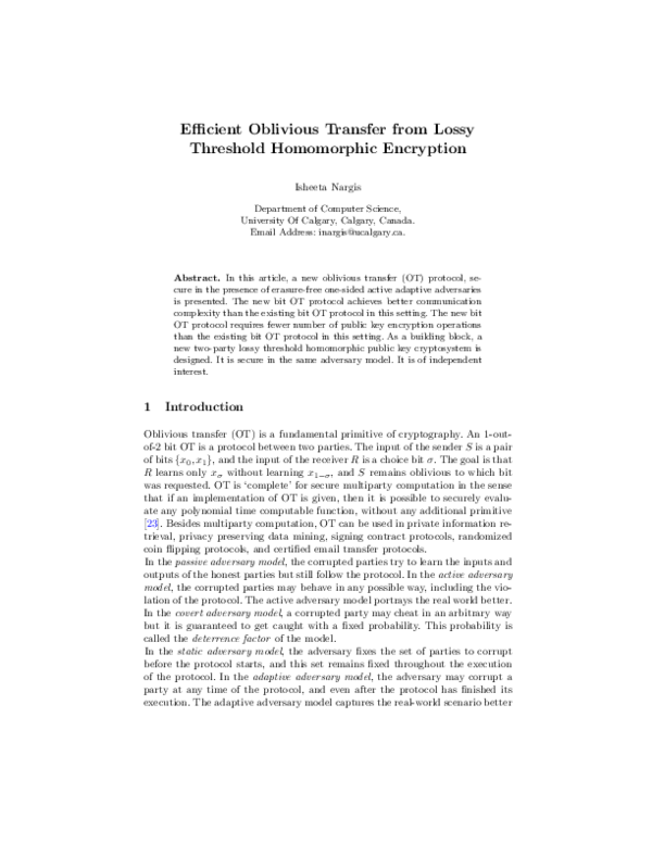 Pdf Efficient Oblivious Transfer From Lossy Threshold Homomorphic 2413
