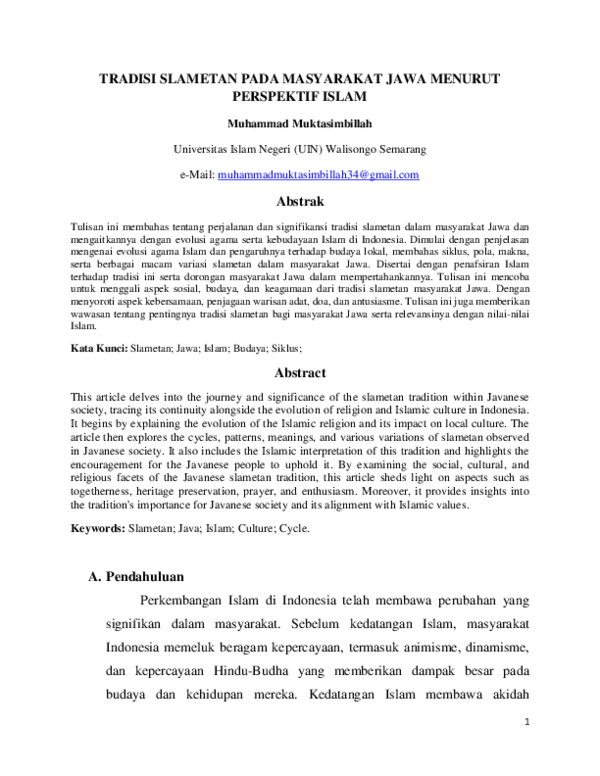 (PDF) TRADISI SLAMETAN PADA MASYARAKAT JAWA MENURUT PERSPEKTIF ISLAM