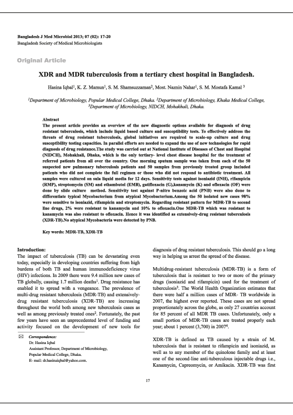 (PDF) XDR and MDR tuberculosis from a tertiary chest hospital in Bangladesh