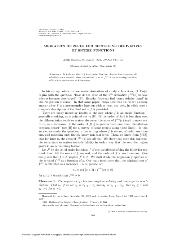 (PDF) Migration of zeros for successive derivatives of entire functions