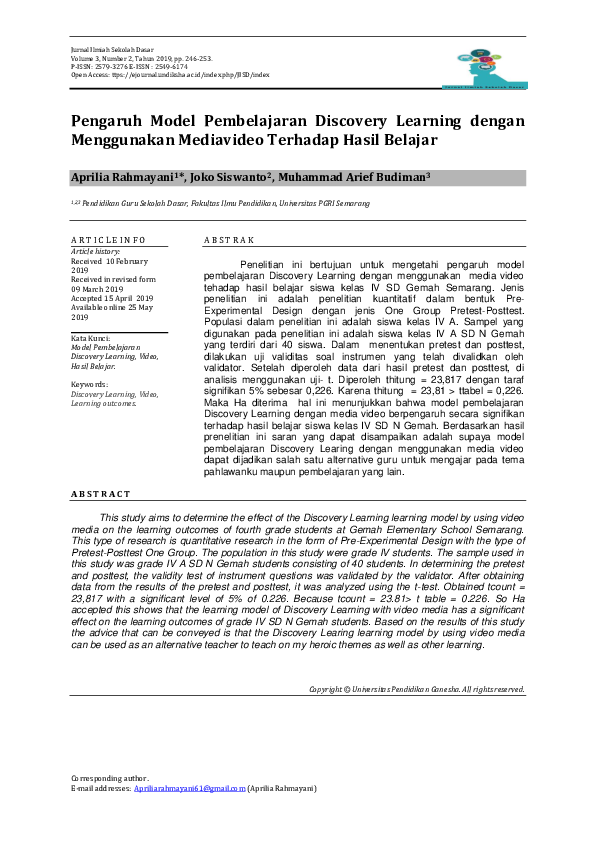 (PDF) Pengaruh Model Pembelajaran Discovery Learning dengan Menggunakan Mediavideo Terhadap ...