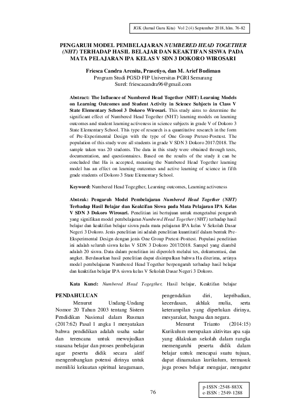 (PDF) Pengaruh Model Pembelajaran Numbered Head Together (NHT) Terhadap Hasil Belajar Dan ...