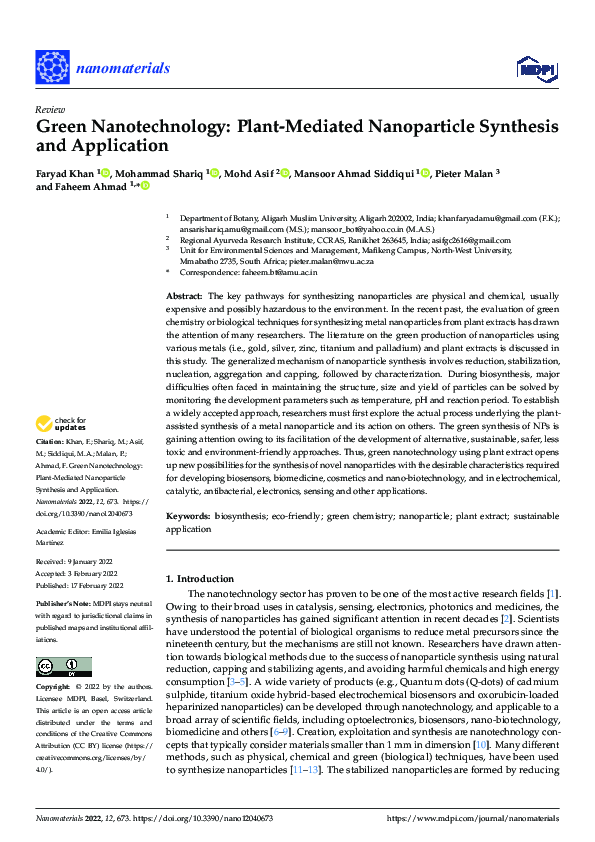 (PDF) Green Nanotechnology: Plant-Mediated Nanoparticle Synthesis and Application