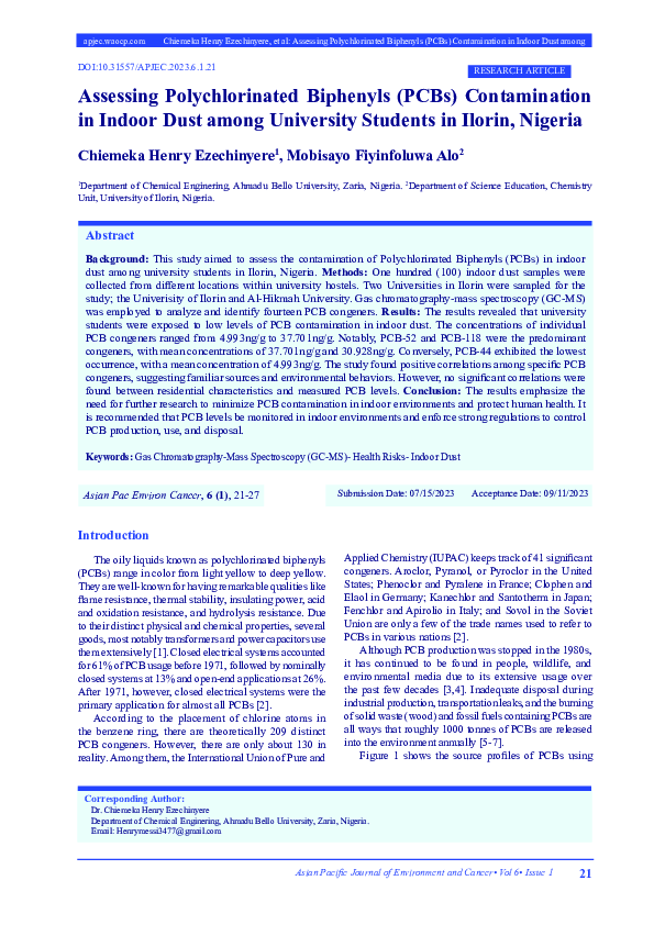 (PDF) Assessing Polychlorinated Biphenyls (PCBs) Contamination in ...