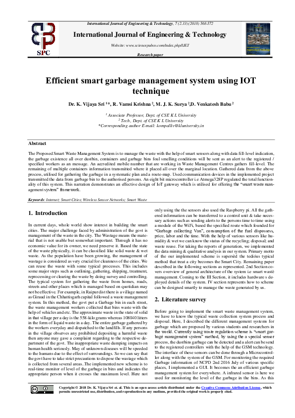 (PDF) Efficient smart garbage management system using IOT technique