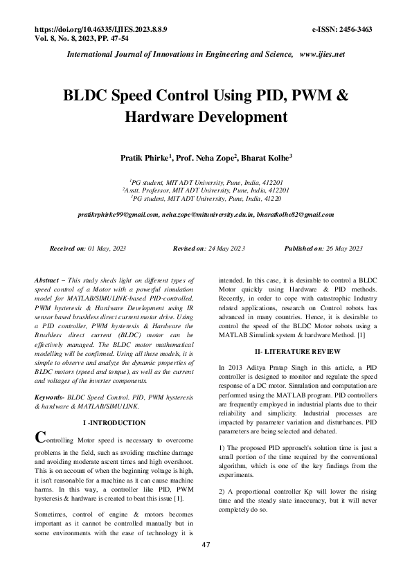 (PDF) BLDC Speed Control Using PID, PWM & Hardware Development