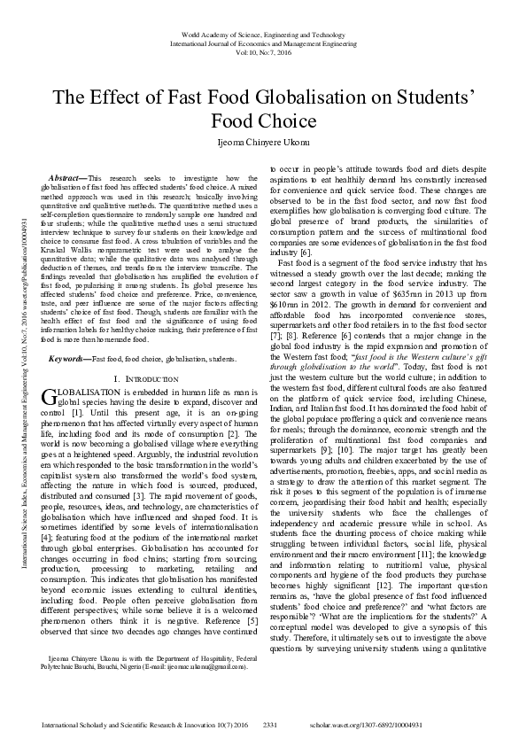 (PDF) The Effect of Fast Food Globalisation on Students' Food Choice