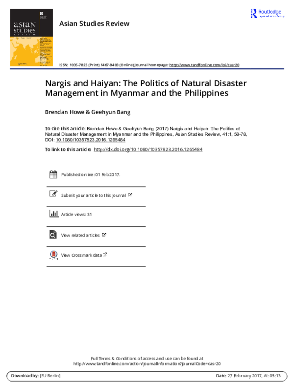 (PDF) Nargis and Haiyan: The Politics of Natural Disaster Management in Myanmar and the Philippines