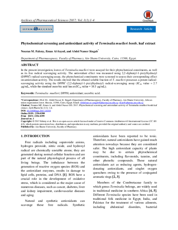 (PDF) Phytochemical screening and antioxidant activity of Terminalia muelleri benth. leaf extract