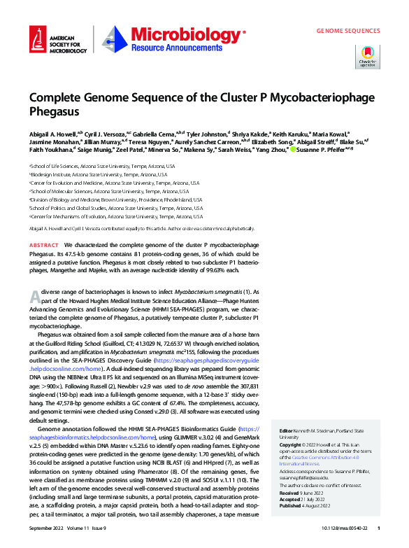 (PDF) Complete Genome Sequence of the Cluster P Mycobacteriophage Phegasus