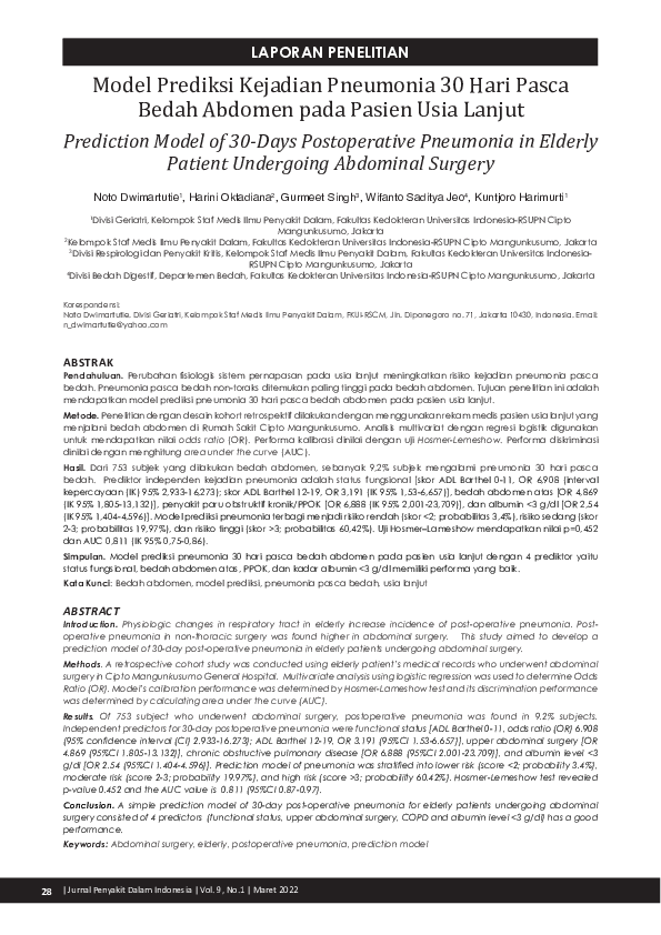 (PDF) Model Prediksi Kejadian Pneumonia 30 Hari Pasca Bedah Abdomen ...