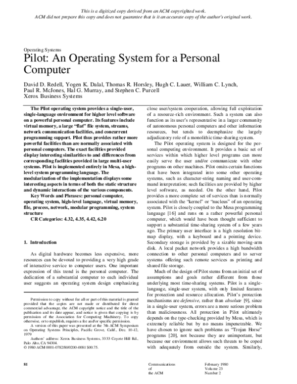 (PDF) Pilot: An Operating System for a Personal Computer