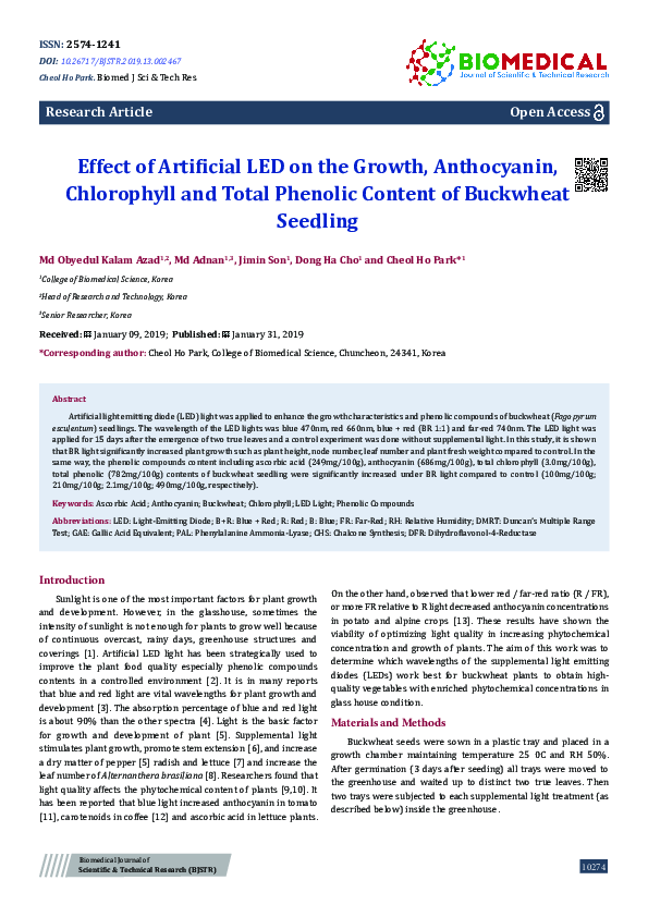 (PDF) Effect of Artificial LED on the Growth, Anthocyanin, Chlorophyll and Total Phenolic ...