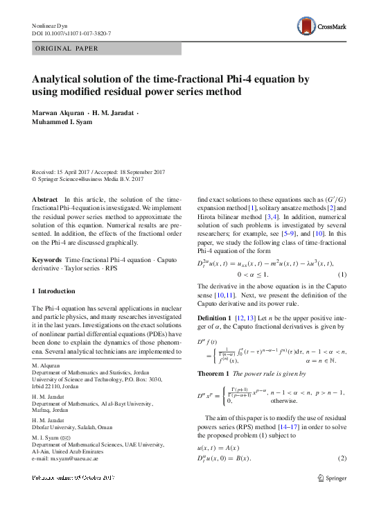 Pdf Analytical Solution Of The Time Fractional Phi 4 Equation By