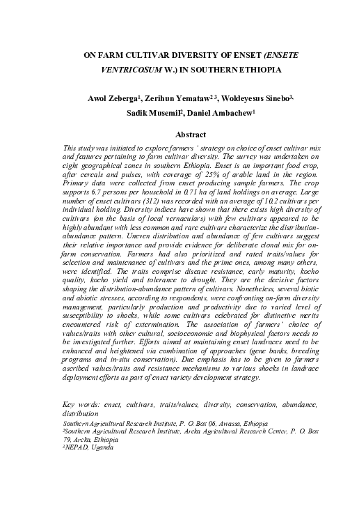 (PDF) On farm cultivar diversity of Enset (Ensete Ventricosum W.) in ...