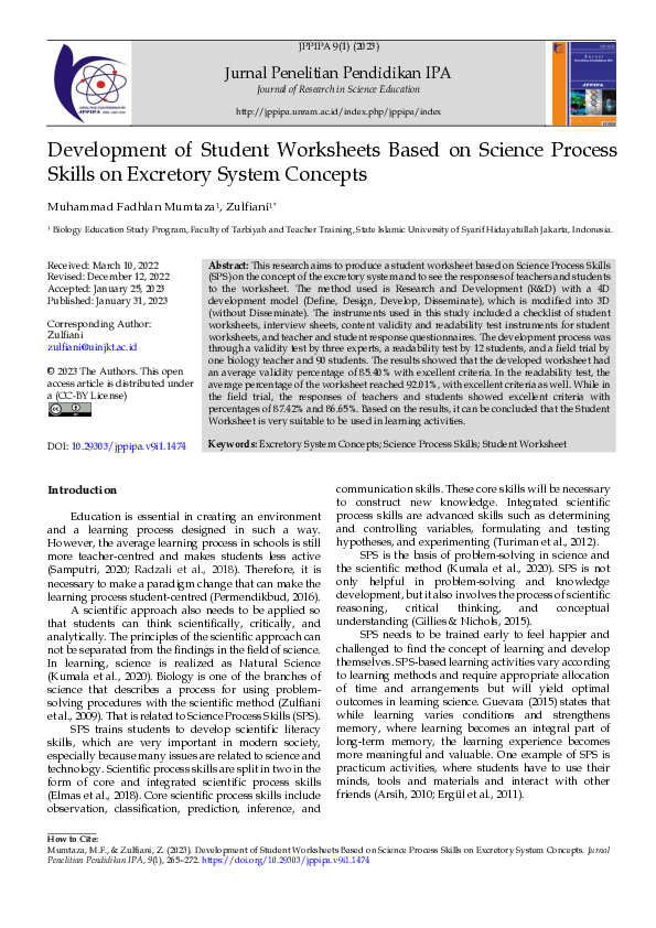 (PDF) Development of Student Worksheets Based on Science Process Skills on Excretory System Concepts