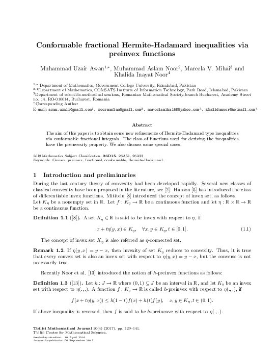 Pdf Conformable Fractional Hermite Hadamard Inequalities Via Preinvex Functions