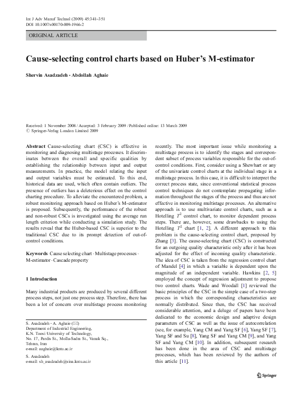 (PDF) Cause-selecting control charts based on Huber’s M-estimator