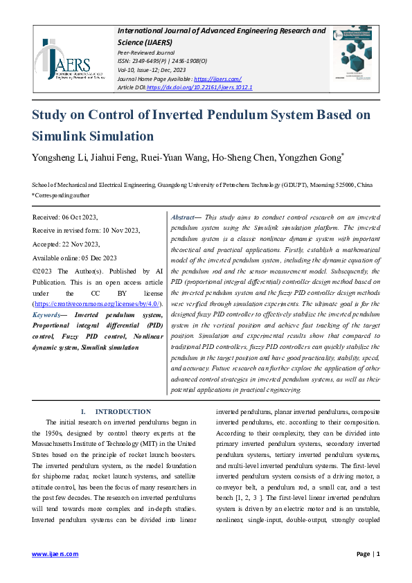(PDF) Study on Control of Inverted Pendulum System Based on Simulink Simulation