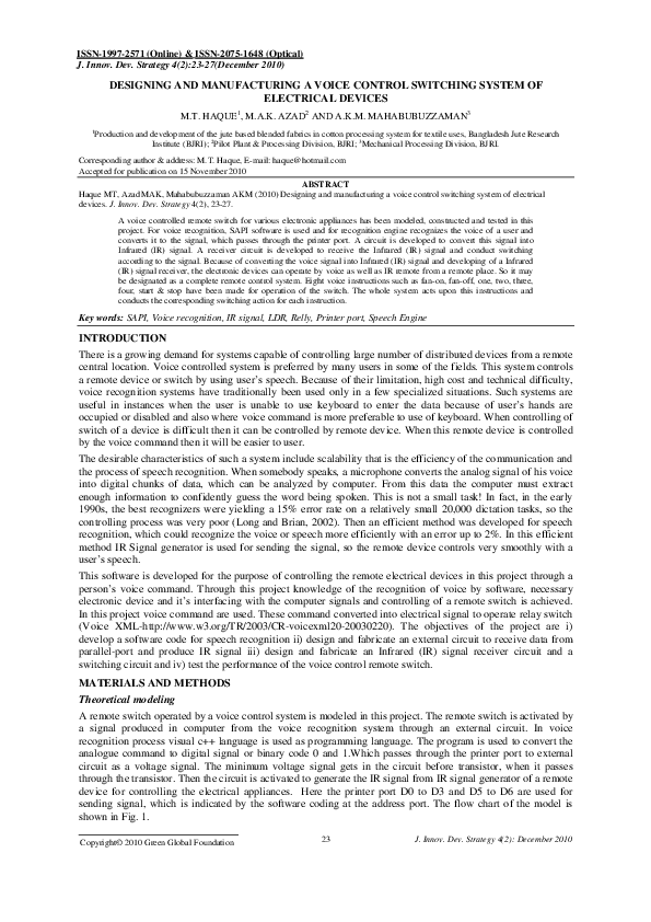 (PDF) Designing and Manufacturing a Voice Control Switching System of ...