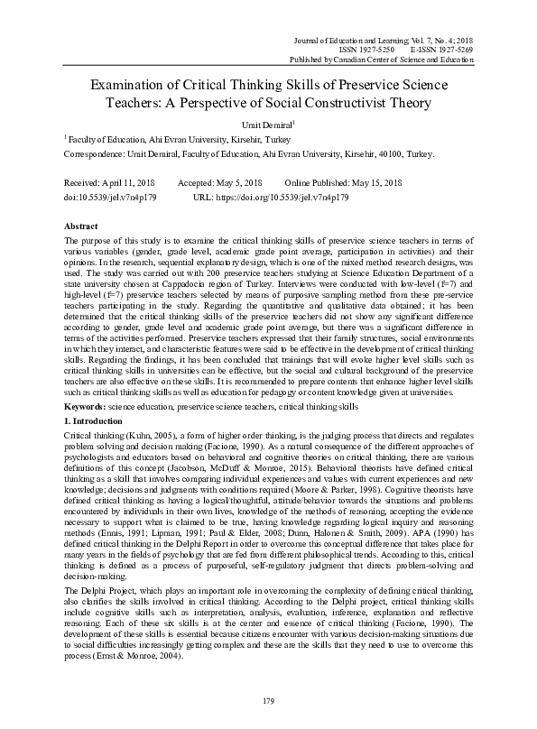(PDF) Examination of Critical Thinking Skills of Preservice Science Teachers: A Perspective of ...