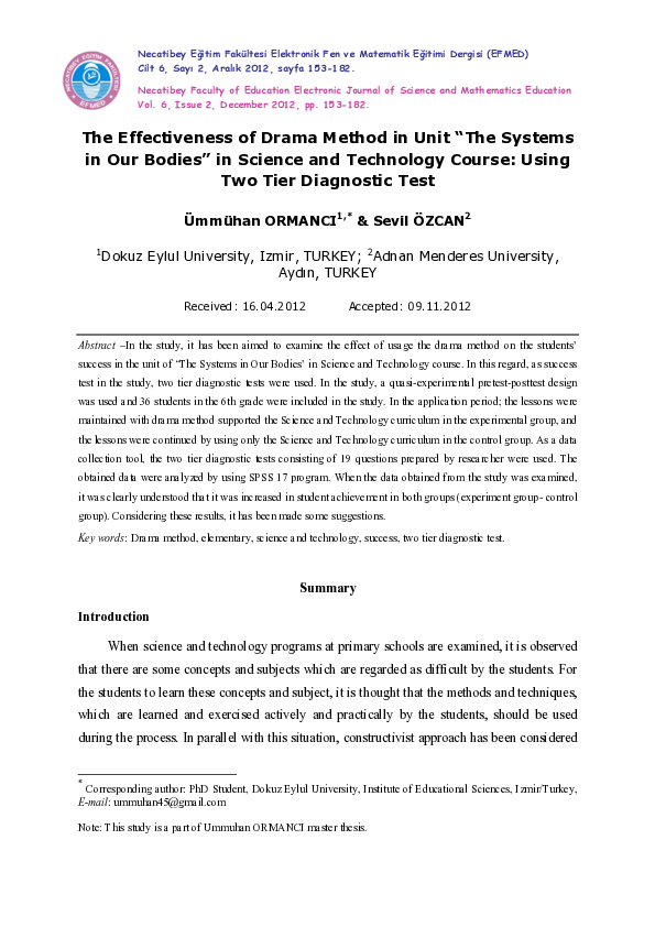 (PDF) The Effectiveness of Drama Method in Unit "The Systems in Our ...