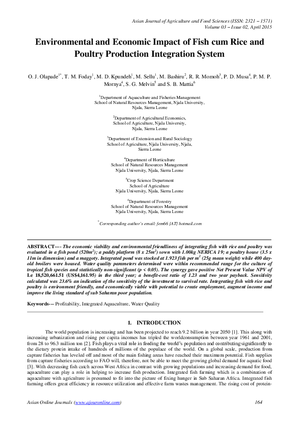 (PDF) Environmental and Economic Impact of Fish cum Rice and Poultry ...