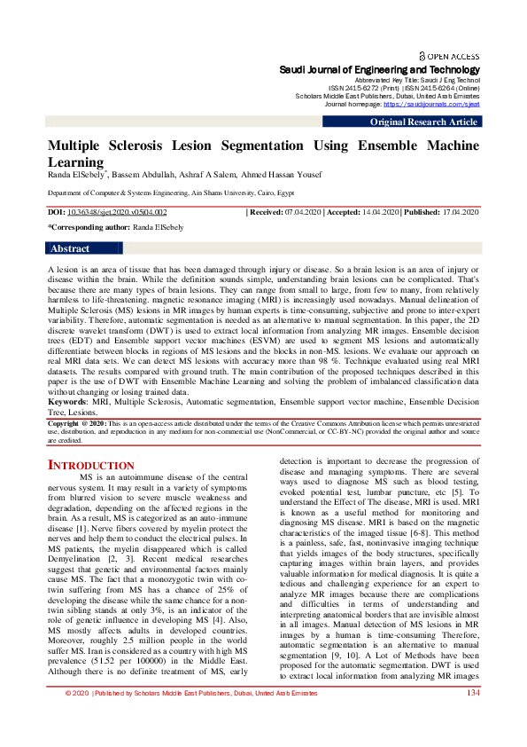 (PDF) Multiple Sclerosis Lesion Segmentation Using Ensemble Machine Learning