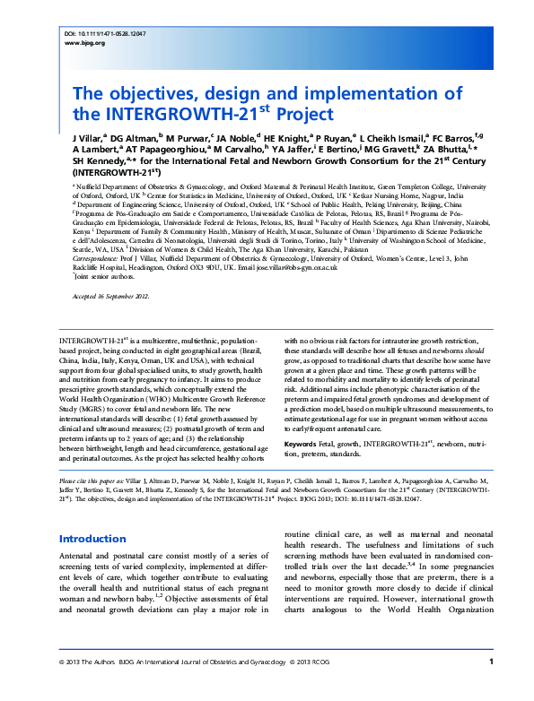 (PDF) The objectives, design and implementation of the INTERGROWTH‐21st Project | Enrico Bertino ...
