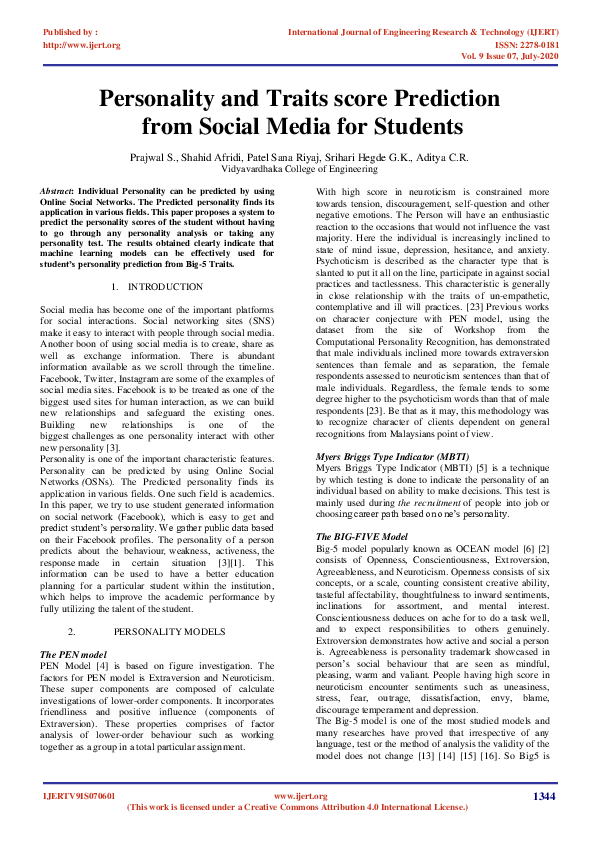 Pdf Personality And Traits Score Prediction From Social Media For
