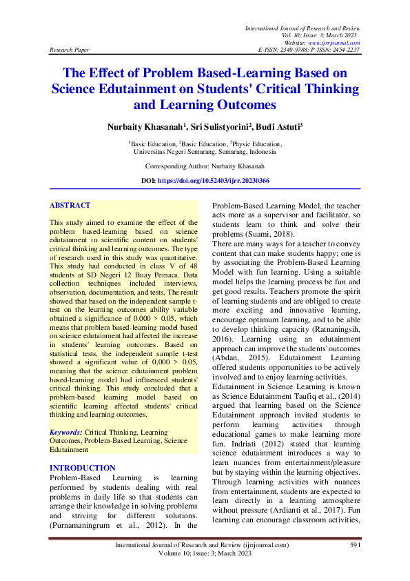 (PDF) The Effect of Problem Based-Learning Based on Science Edutainment on Students' Critical ...