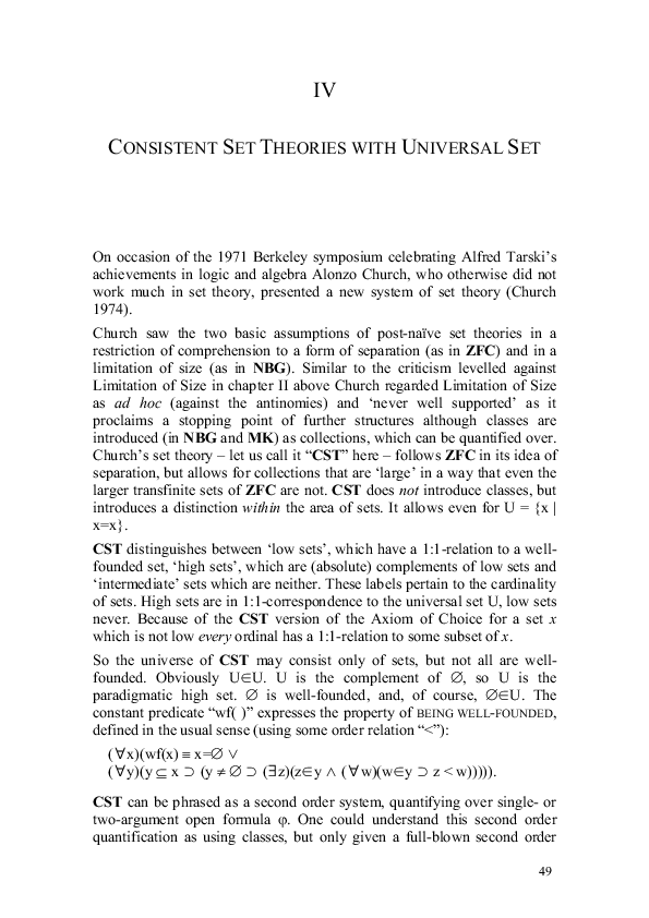 (PDF) IV. Consistent Set Theories with a Universal Set