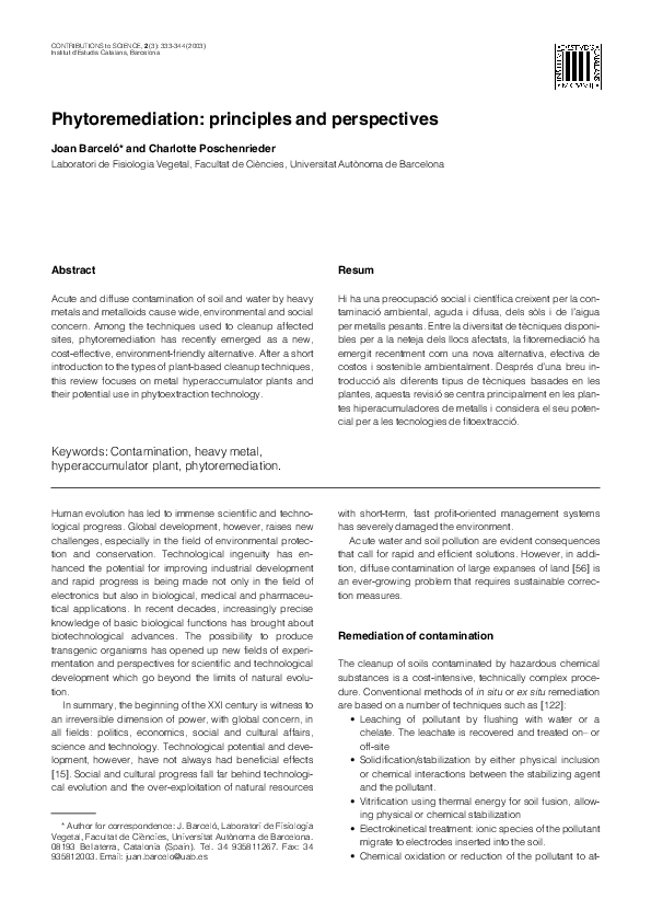 (PDF) Phytoremediation : principles and perspectives