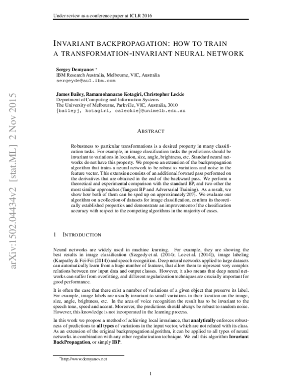 (PDF) Invariant backpropagation: how to train a transformation-invariant neural network