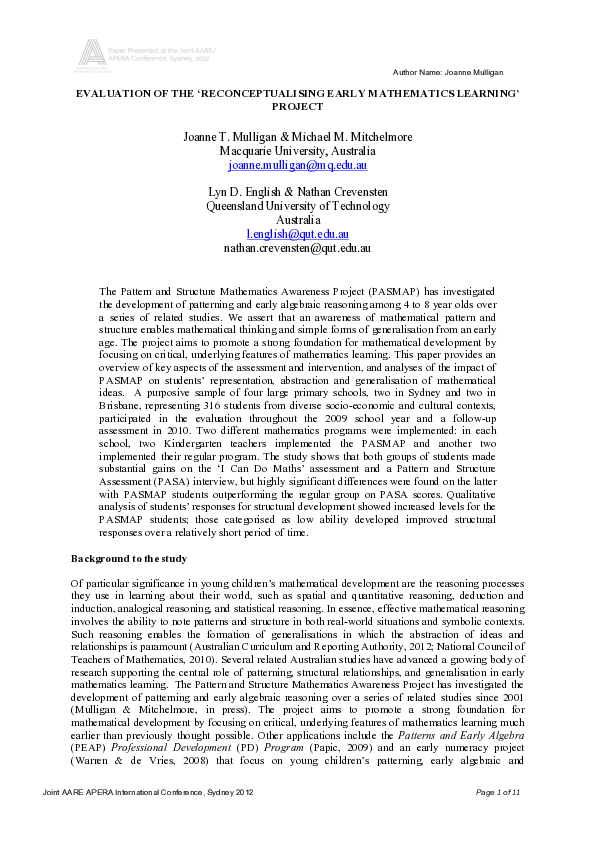 (PDF) Evaluation of the "reconceptualising early mathematics learning ...