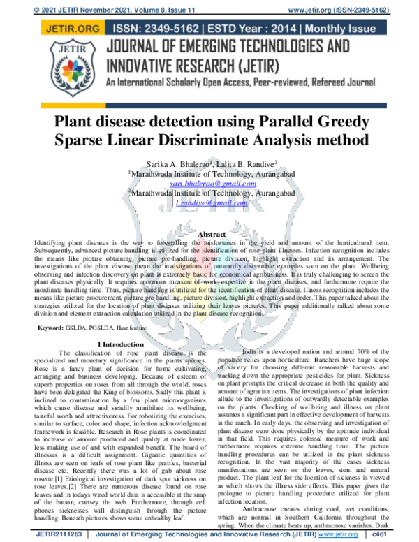 (PDF) Plant disease detection using Parallel Greedy Sparse Linear Discriminate Analysis method