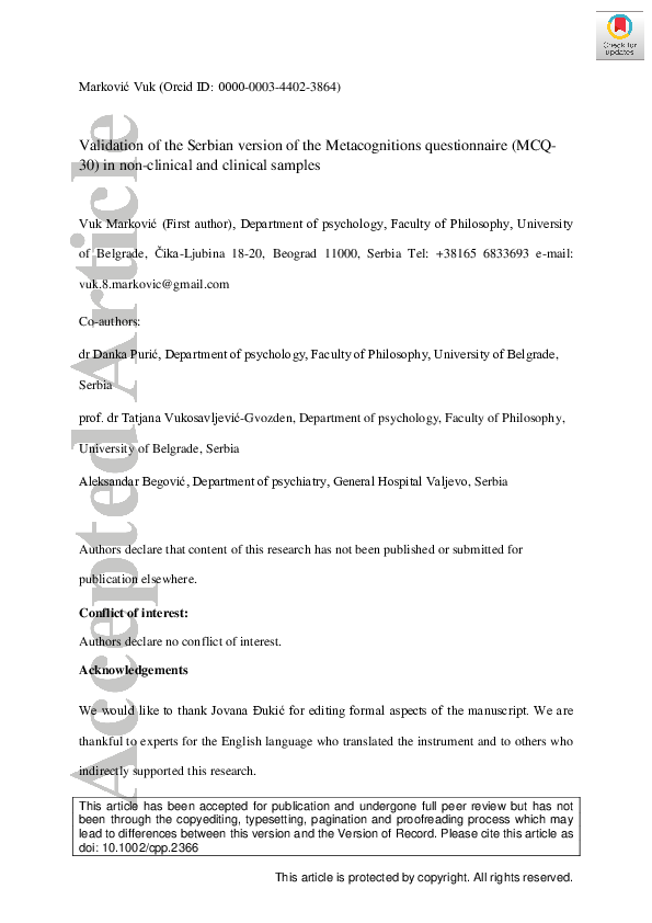 (PDF) Validation of the Serbian version of the Metacognitions ...